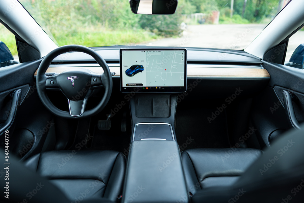 Self Driving Tesla Car Premium Black Interior. Wood trim, leather seats ...