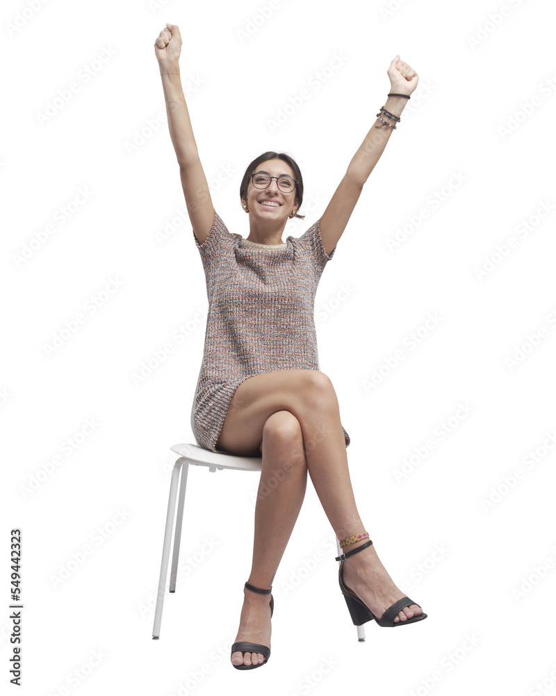 PNG file no background Woman sitting and celebrating with raised arms ...