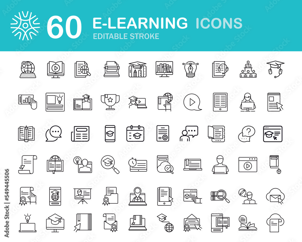E-learning, online education icons set. 60 Electronic learning icons ...