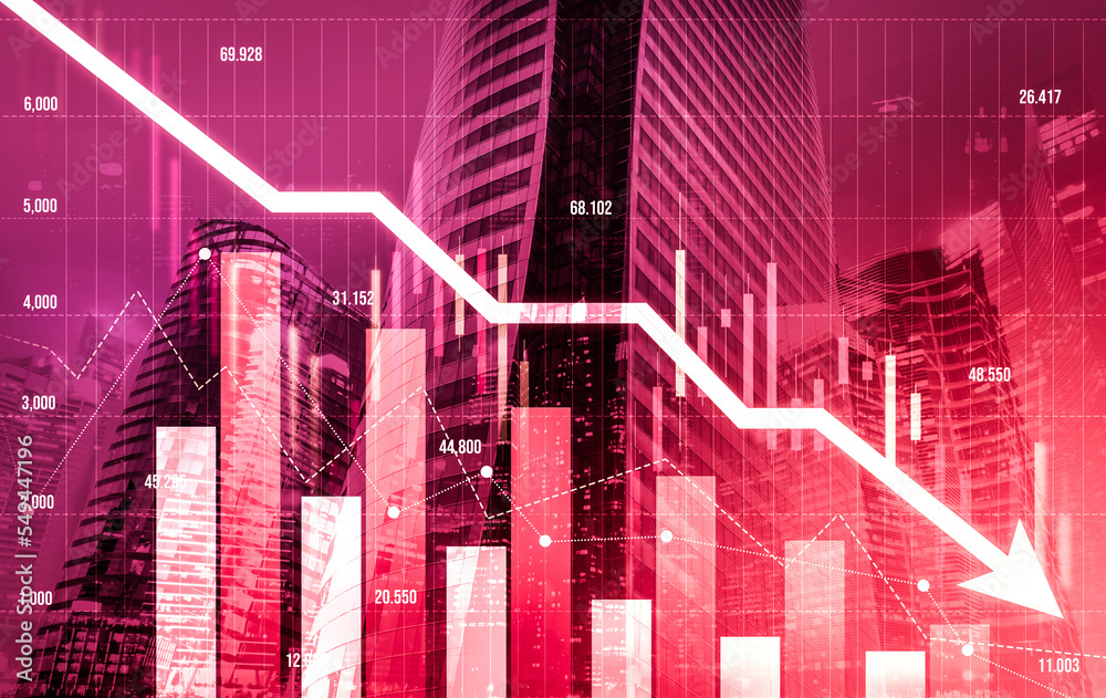 Stock market crash, declined economic, graph falling down and digital ...
