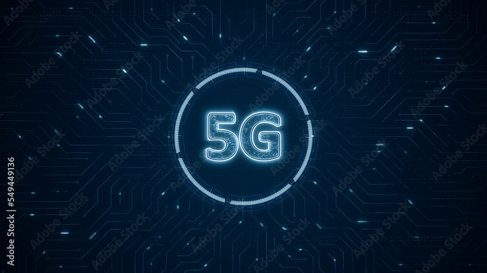 Blue digital 5G logo and futuristic technology circle HUD with circuit ...