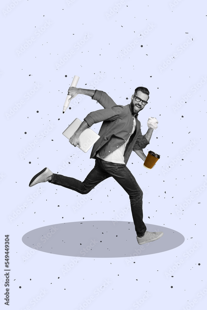 Vertical collage image of excited guy black white gamma arms hold ...