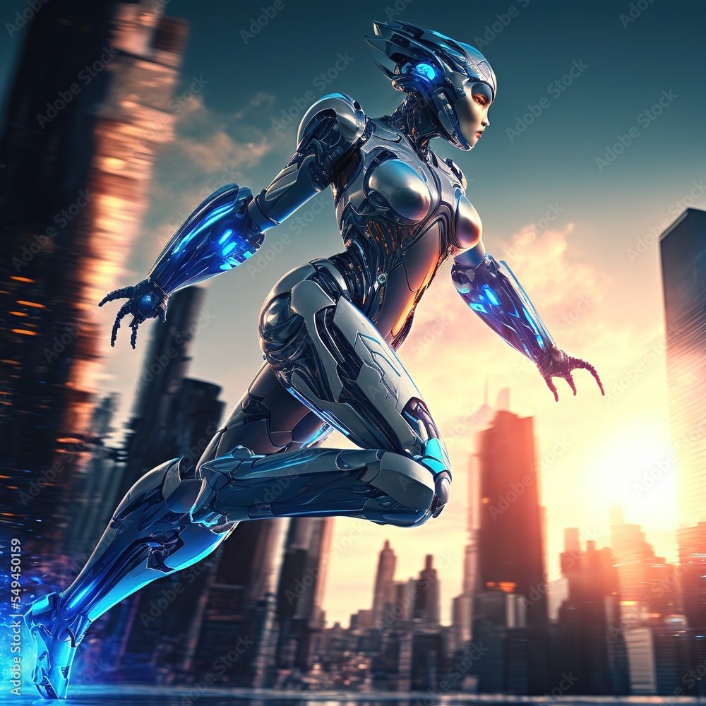 Flying robot or cyborg woman in superhero iron suit. Futuristic modern ...