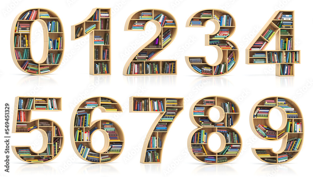 Set of numbers in form of bookshelf with book and texbooks. Educational ...