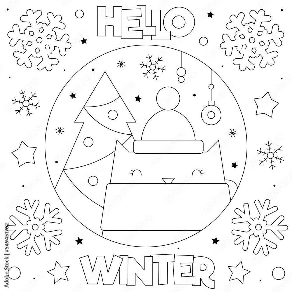 Hello Winter. Coloring page. Black and white vector illustration. Stock ...