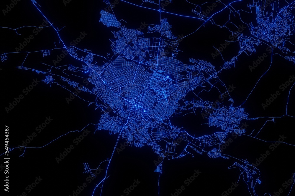 Street map of Shymkent (Kazakhstan) made with blue illumination and ...