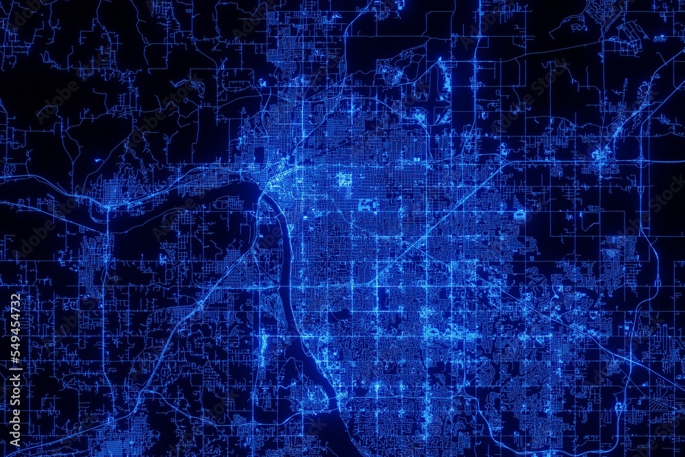 Street map of Tulsa (Oklahoma, USA) made with blue illumination and ...