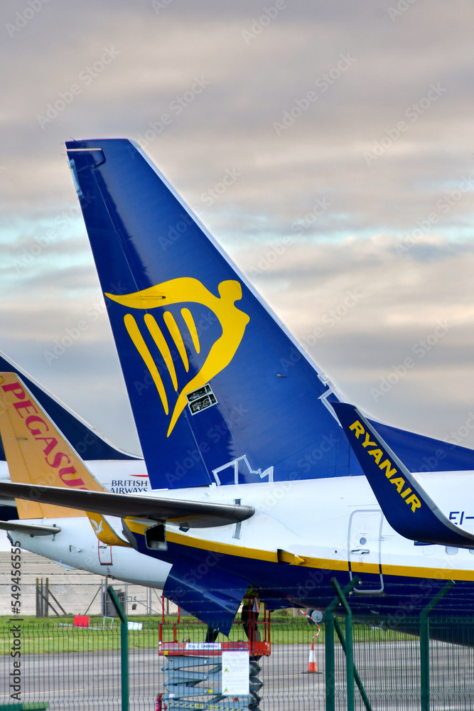 St Athan, Wales - November 2022: Tail fin and winglet of a Ryanair ...