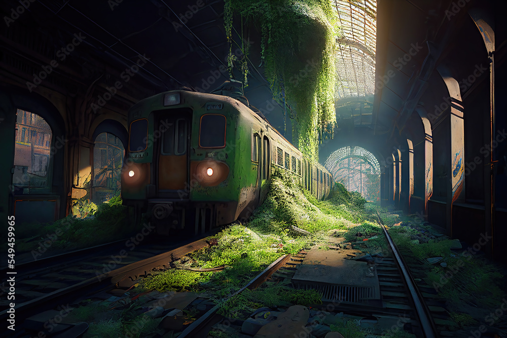 AI generated image of an abandoned train in a ruined train station in a ...