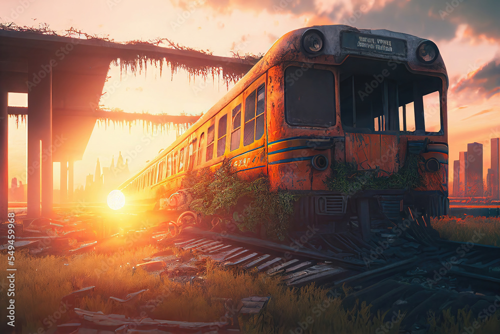 AI generated image of an abandoned train in a ruined train station in a ...