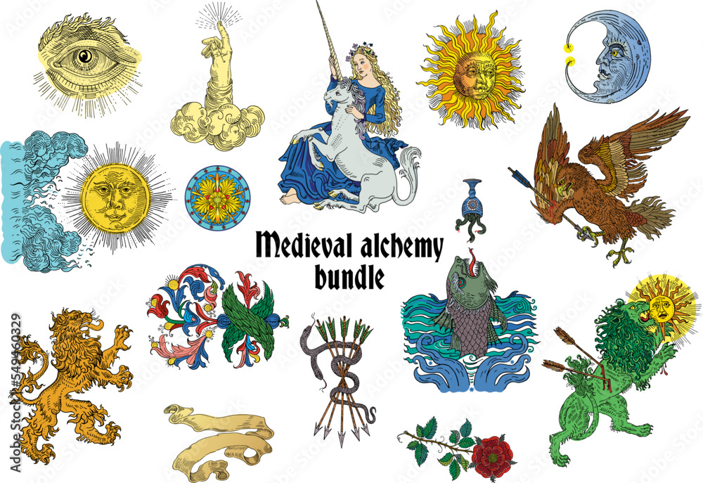 Set of gothic alchemical occult astrological motifs in medieval ...