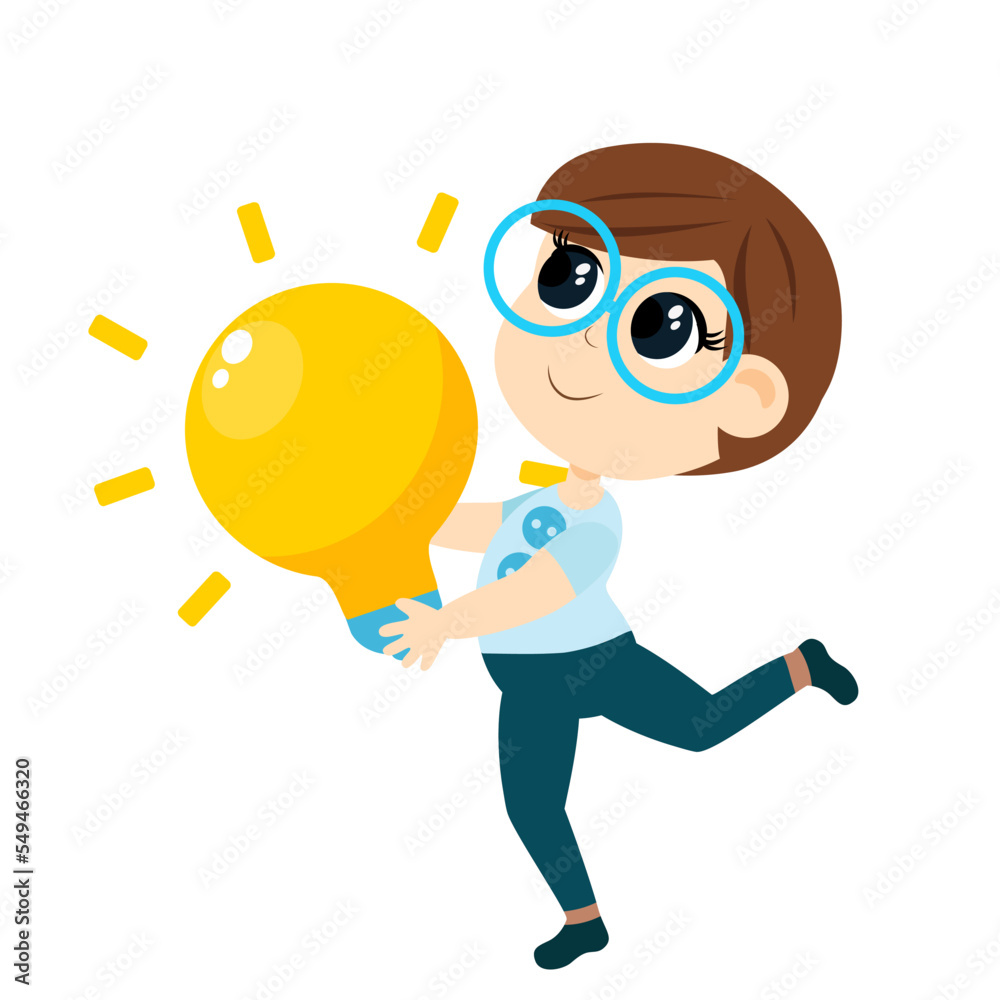 Kid Inventors Day. A cute boy runs with a huge yellow light bulb in his ...