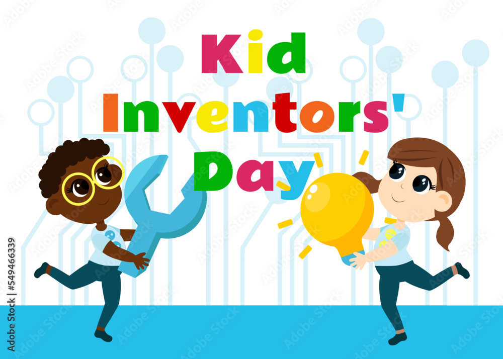 Kid Inventors Day. Cute boy and girl with light bulb and wrench and ...
