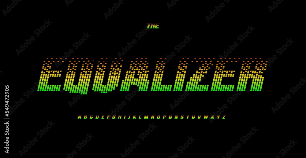 Equalizer font, sound graphic typeset, audio wave alphabet, voice ...
