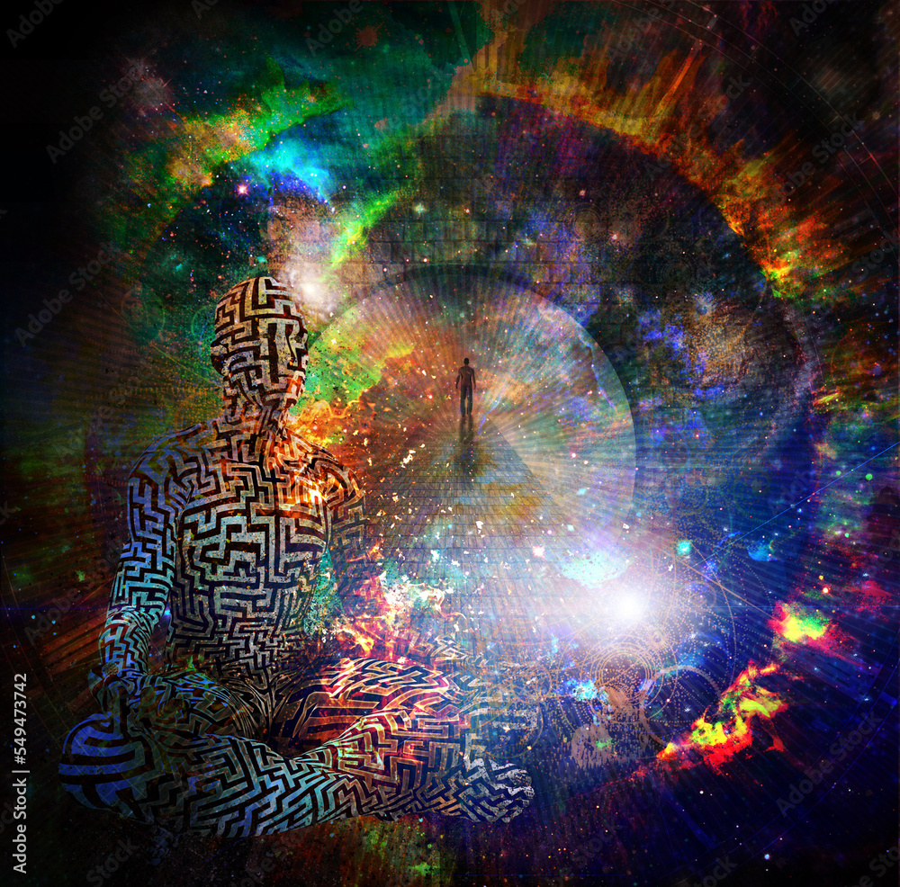 Poster Burning man with maze pattern meditate in lotus pose – Wall Art ...