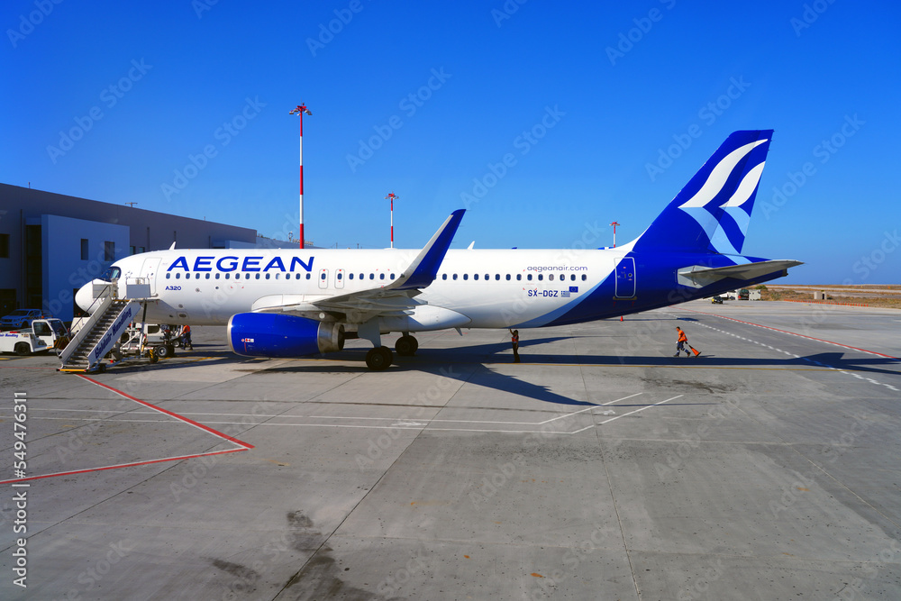 SANTORINI, GREECE –24 OCT 2022- View of an airplane from Greek airline Aegean Airlines (A3) at ...