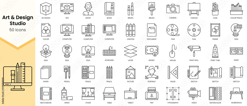 Simple Outline Set of Art and Design Studio icons. Linear style icons ...