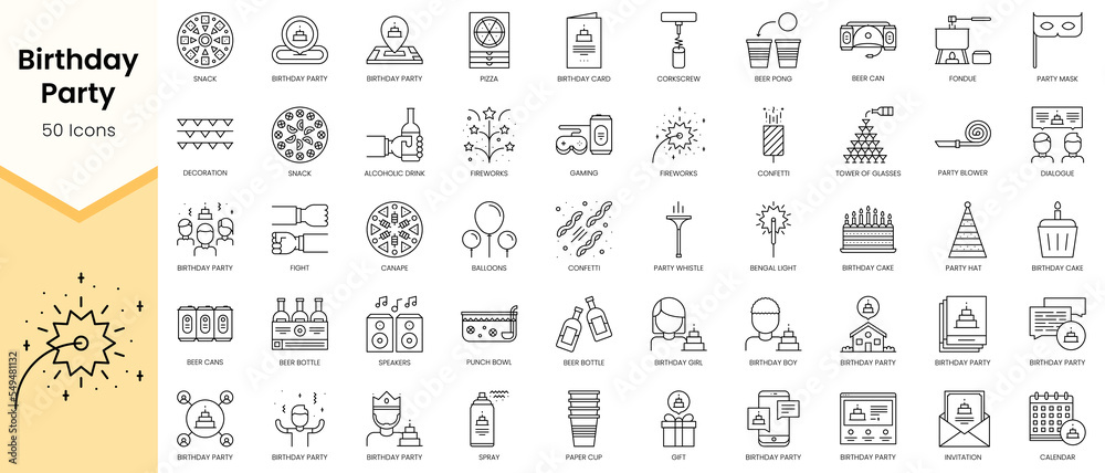 Simple Outline Set of Birthday Party icons. Linear style icons pack ...