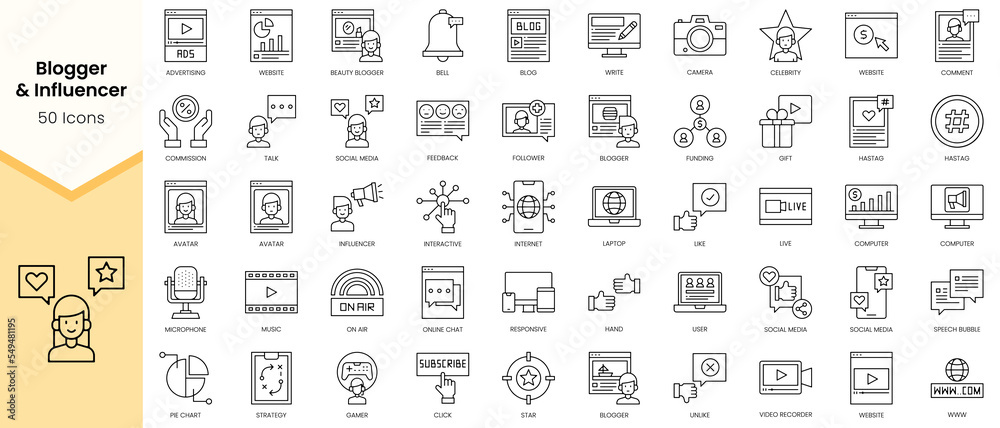 Simple Outline Set of Blogger and Influencer icons. Linear style icons ...