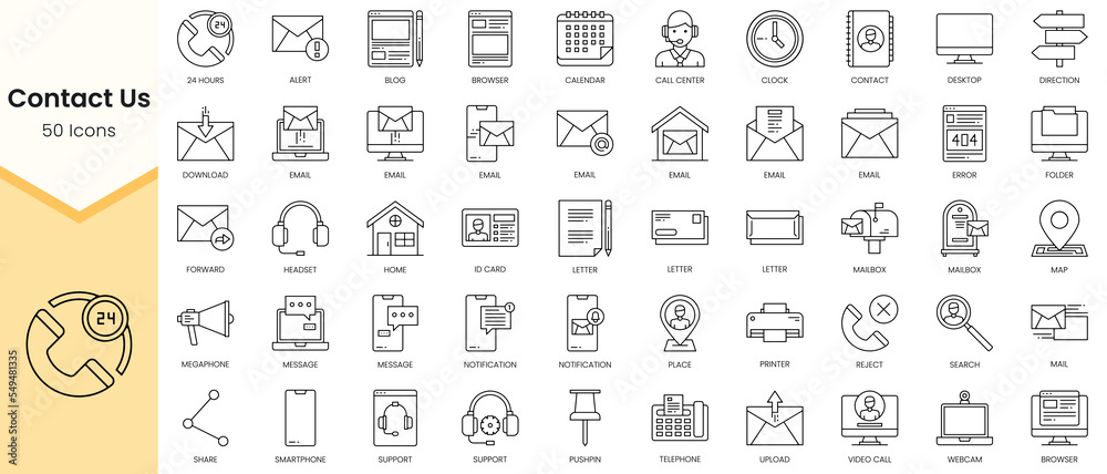 Simple Outline Set of Contact Us icons. Linear style icons pack. Vector ...