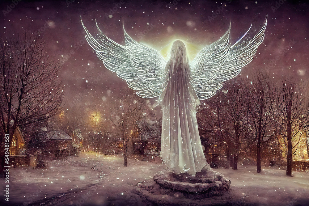 Beautiful white angel with transparent wings walking around a little ...