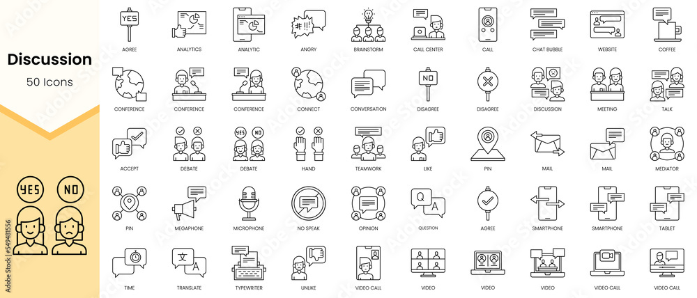 Simple Outline Set of Discussion icons. Linear style icons pack. Vector ...