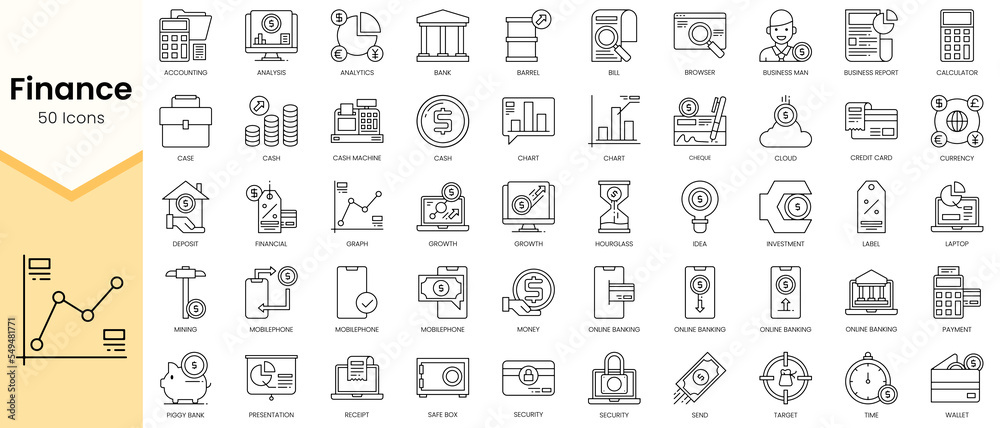 Simple Outline Set of Finance icons. Linear style icons pack. Vector ...