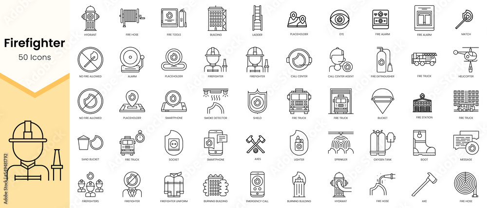 Simple Outline Set of Firefighter icons. Linear style icons pack ...