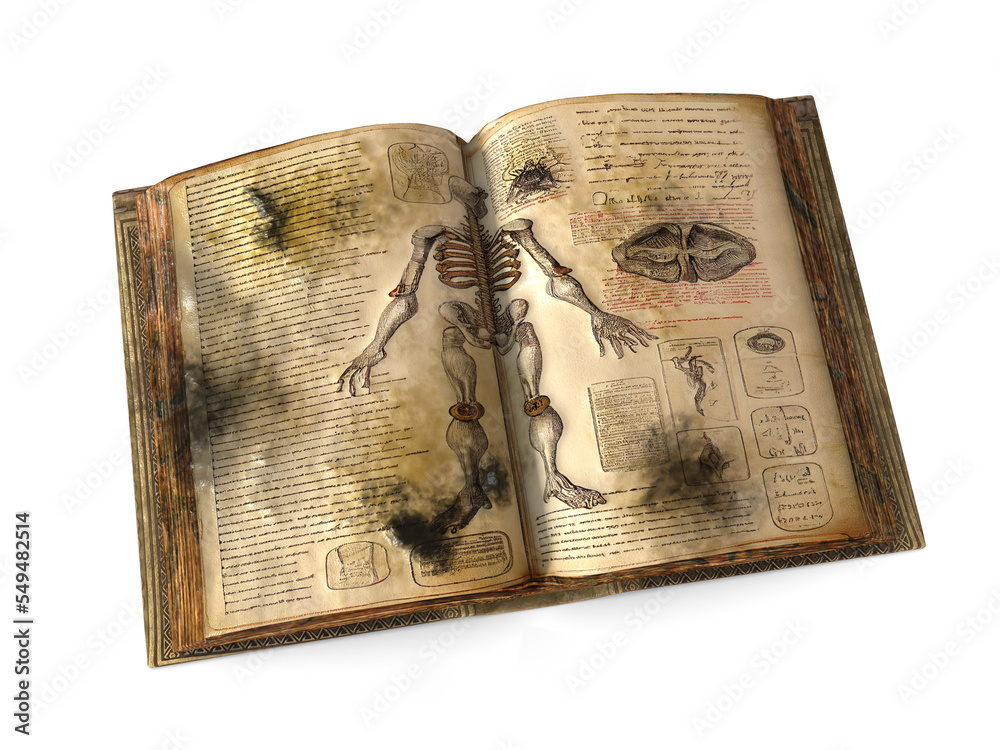 Mold in old books, conceptual 3D rendering of an open book with ...
