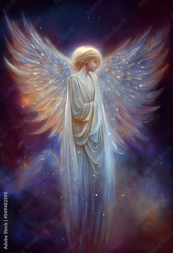 Beautiful white angel in the colorful space, starry sky, painting style ...