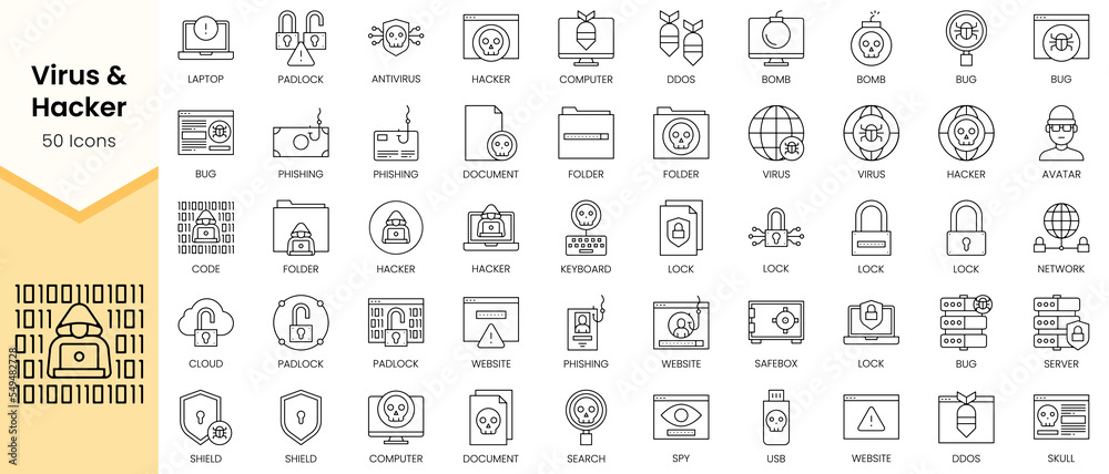 Simple Outline Set of Virus and Hacker icons. Linear style icons pack ...
