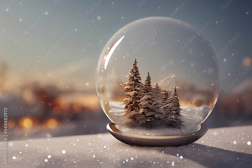 Beautiful glass globe with a snowy winter forest inside, on snow ...
