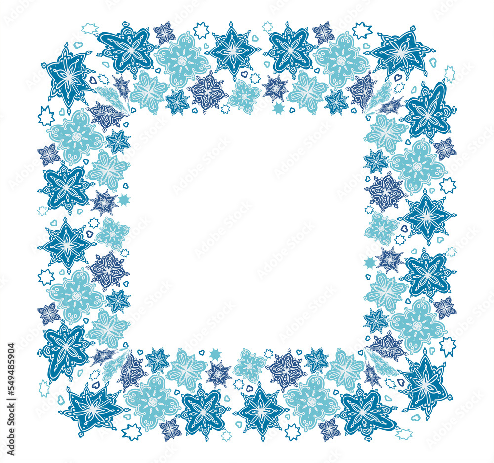 Square frame with blue snowflakes for conceptual design. Pattern ...