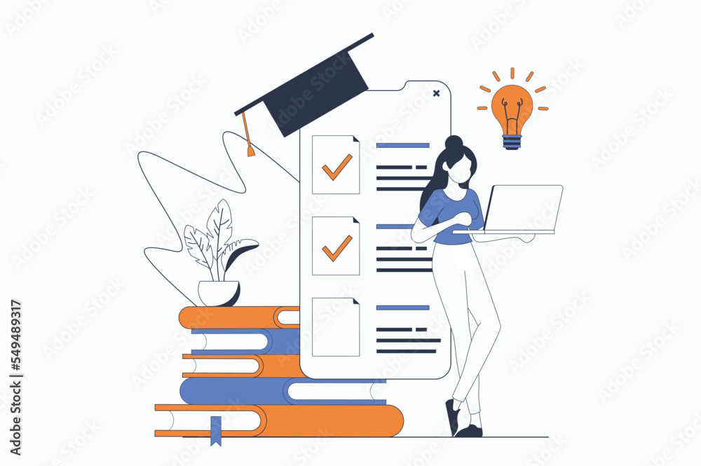 Distance learning concept with people scene in flat outline design ...