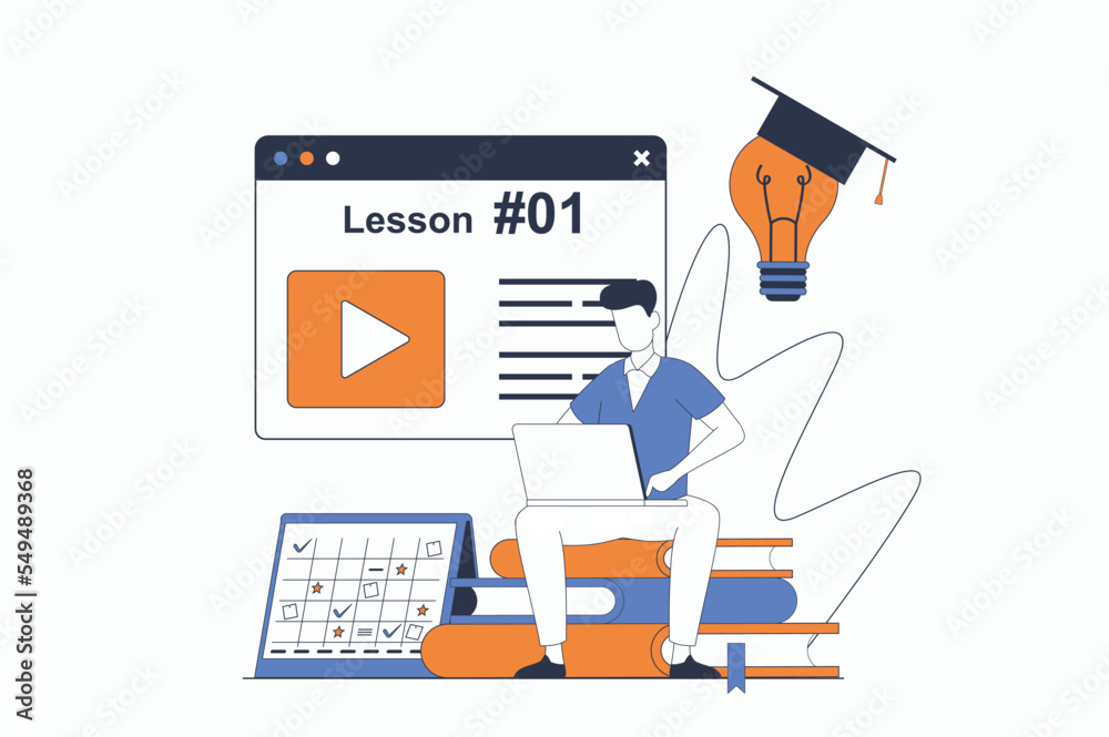 Distance learning concept with people scene in flat outline design. Man ...