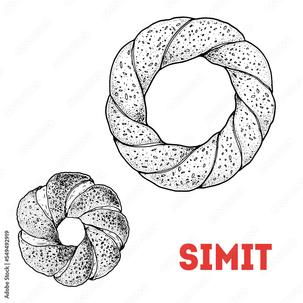 Turkish bagel. Simit sketch, Turkish food. Hand drawn vector ...