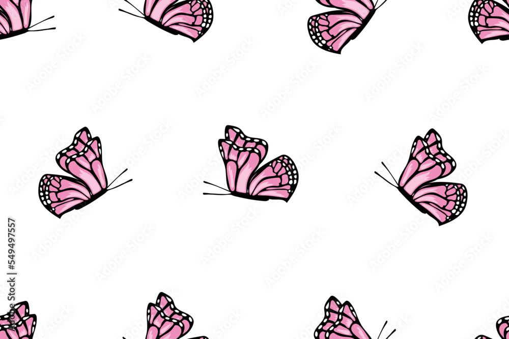 Cute beautiful pink butterfly drawing. Seamless pattern repeating ...