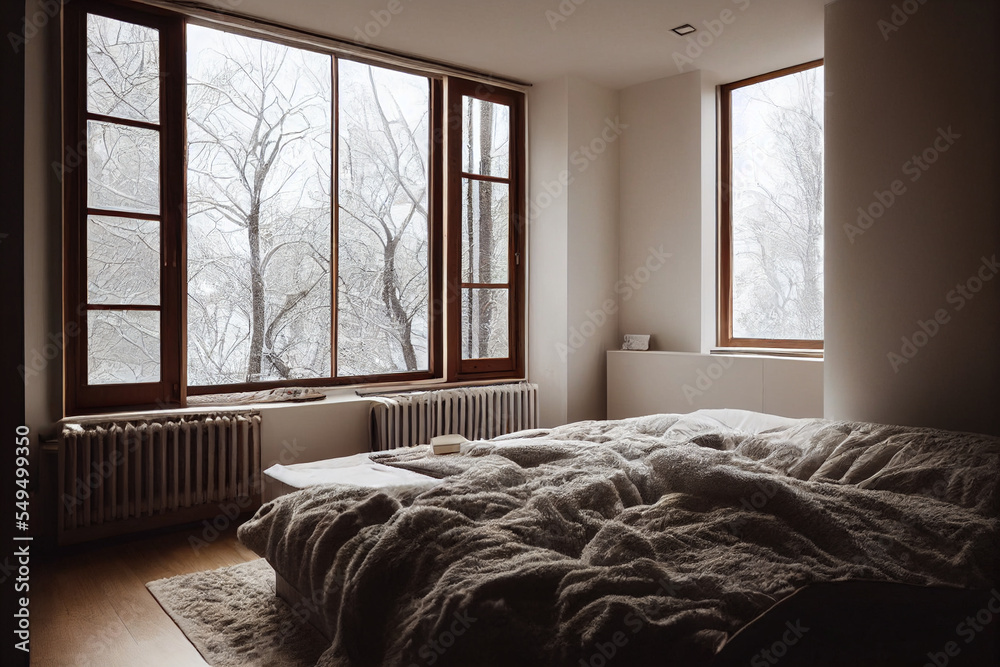 Modern Cozy Bedroom at Winter with warm Blankets and lights, Beautiful ...