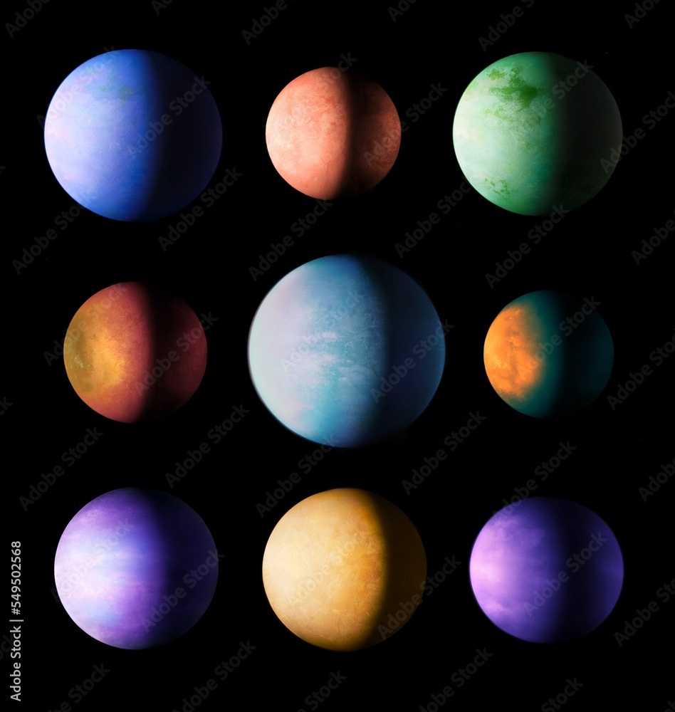 Comparison of exoplanets on a black background. Planets of different ...
