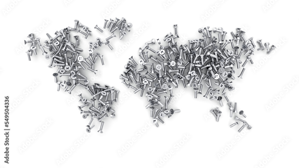 World map shaped flat machine screws on white background Stock ...