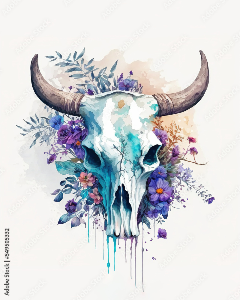 a cow skull on a white background, surrounded by purple and blue ...