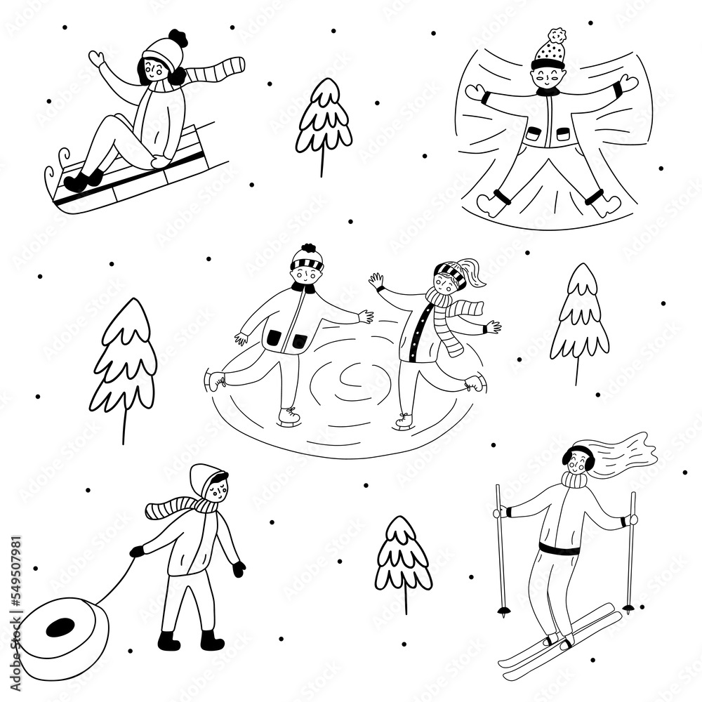 Winter outdoor activities. Girls go skiing and sledding, boy and girl ...