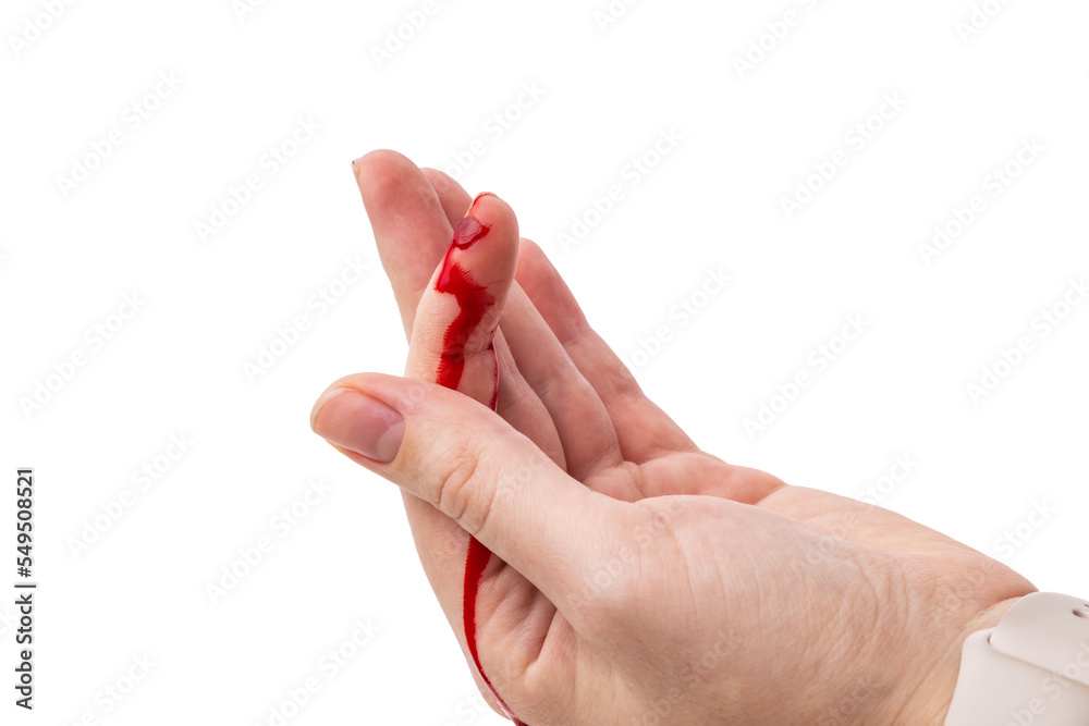 Blood flows down the finger of the hand, isolated on a white background ...