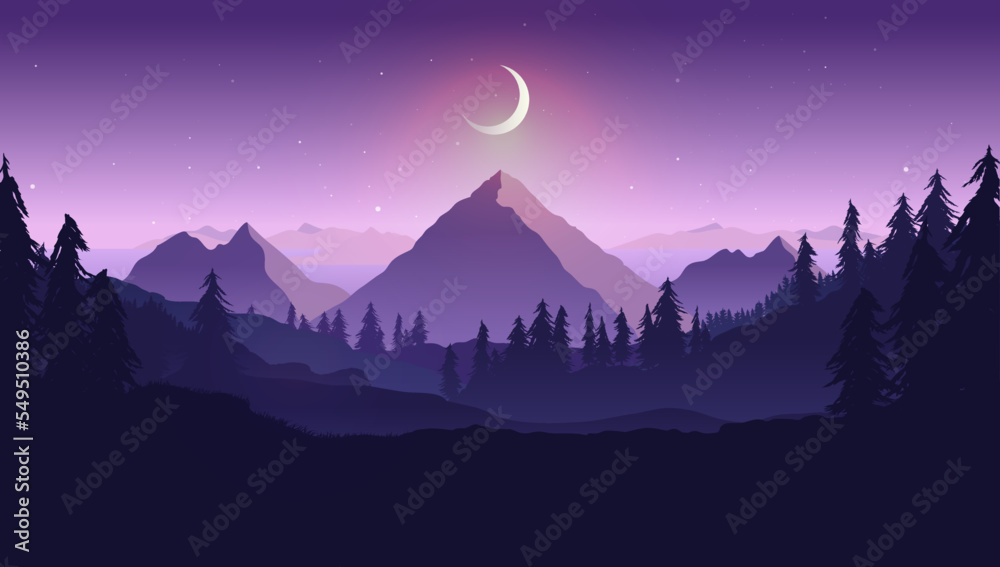 Night landscape - Vector illustration of nature scene with mountain ...