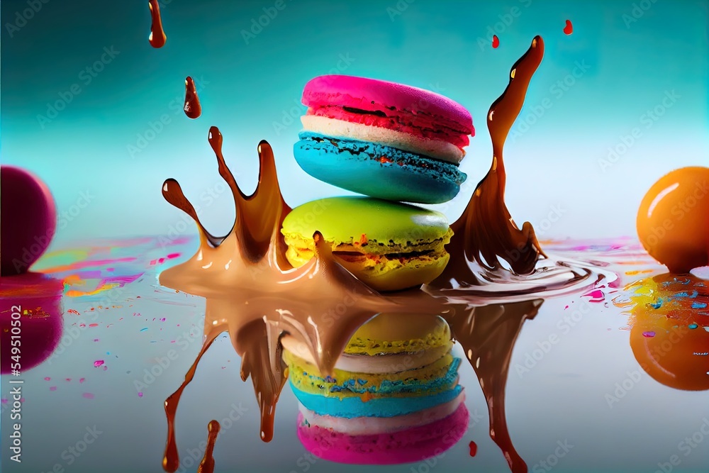 a colorful macaroon is falling into a puddle of chocolate and liquid on ...