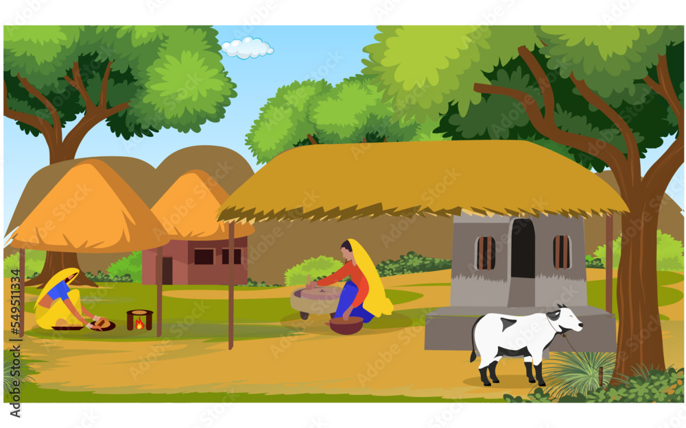 Group of women working at her village. Flat vector illustration. Stock ...