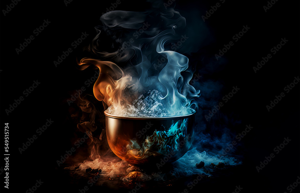 Dense steam above a boiling cauldron. Magical pot with boiling and ...