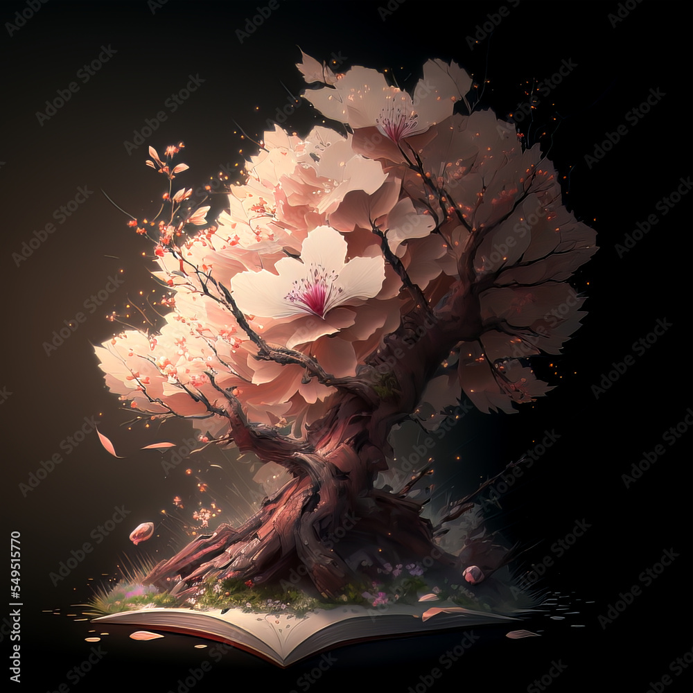 Magic sakura tree growing from a book. Illustration of tree with pink ...