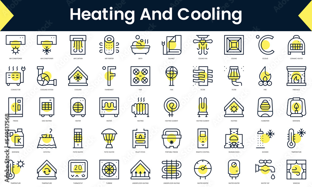 Set of thin line heating and cooling Icons. Line art icon with Yellow ...