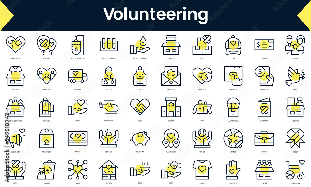 Set of thin line volunteering Icons. Line art icon with Yellow shadow ...